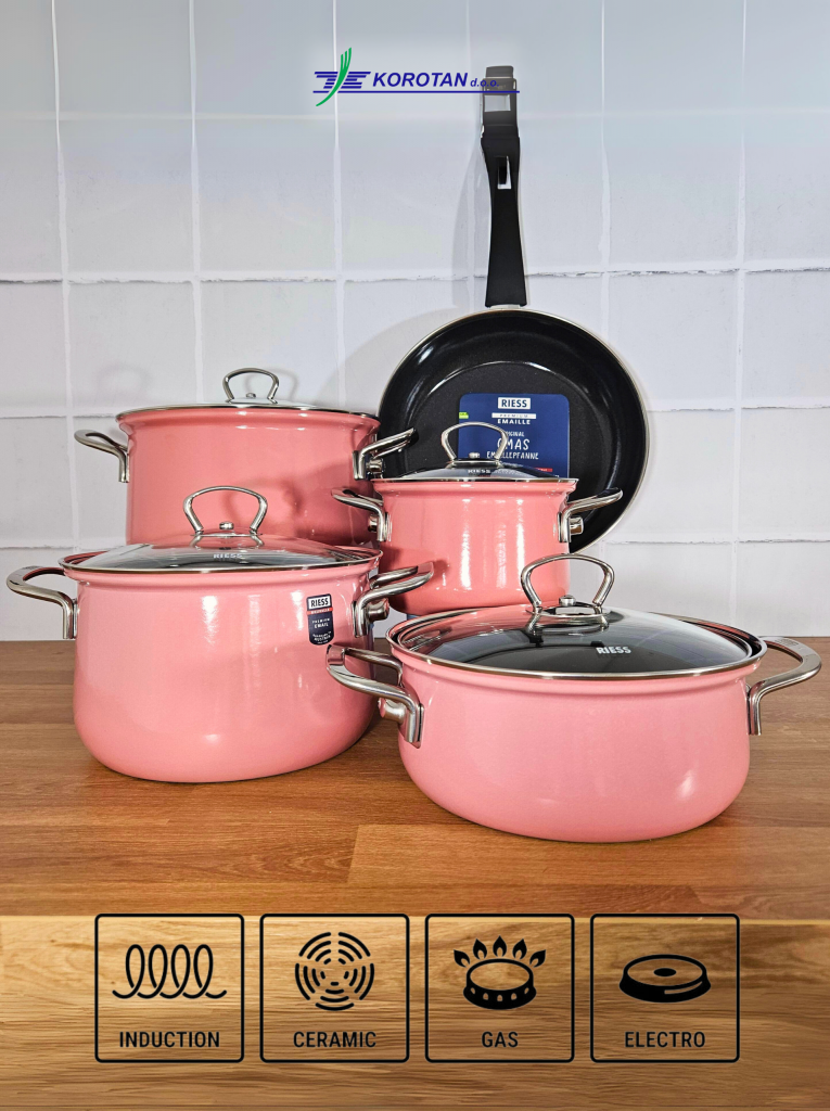 Komplet emajlirane roza posode 5-delni Riess | Korotan